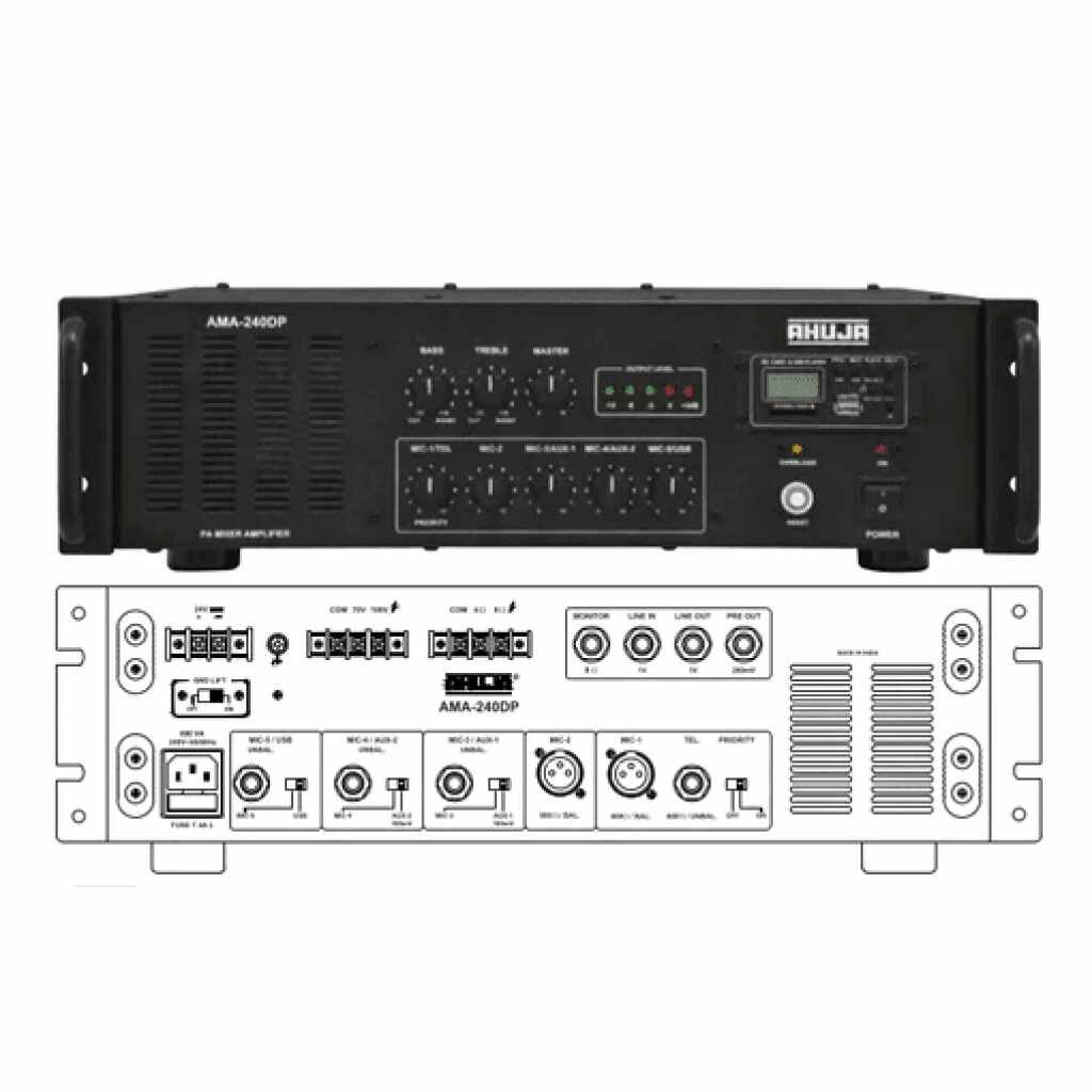 AHUJA AMA240DP PA Amplifier 350W RMS w/ 3 Unbalanced Mic inputs, 2 ...